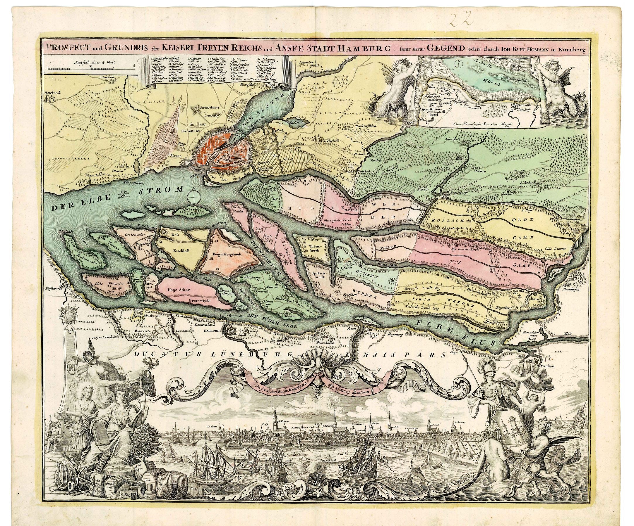 Prospect und Grundris der Keiserl.Freyen Reichs und Ansee Stadt Hamburg ...